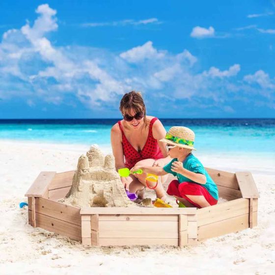 Large Eco Fir Wood Sandpit | FREE Cover | Hexagonal | 1.4m Diameter – www.littlehelper.co.uk