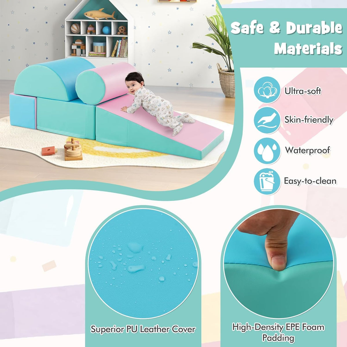 Montessori Soft Play | Pikler Soft Play Set with Slide | Minty Pastels ...