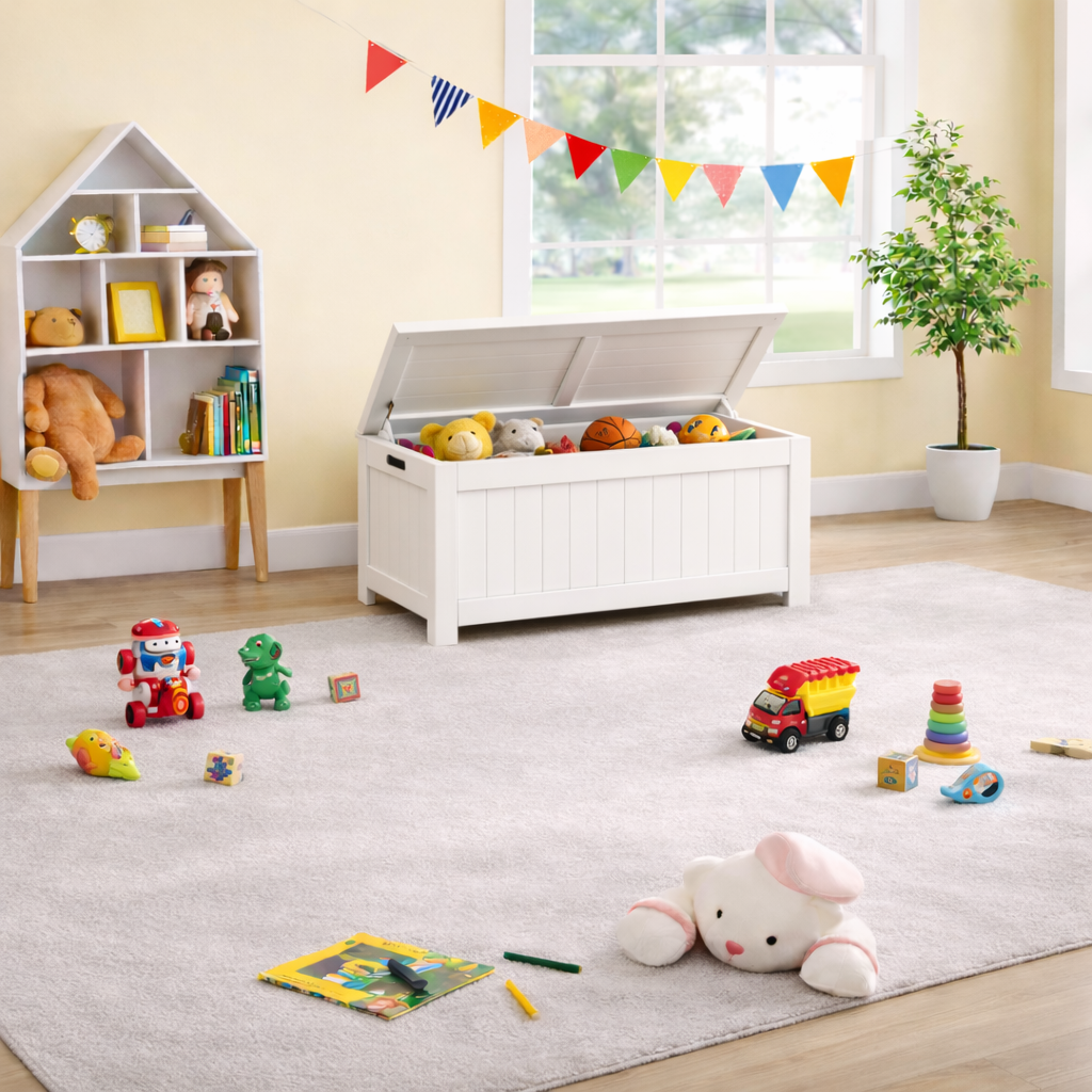 Kids Large Wooden Toy Box No-Slam Lid | Toy Chest | White | 81cm long ...