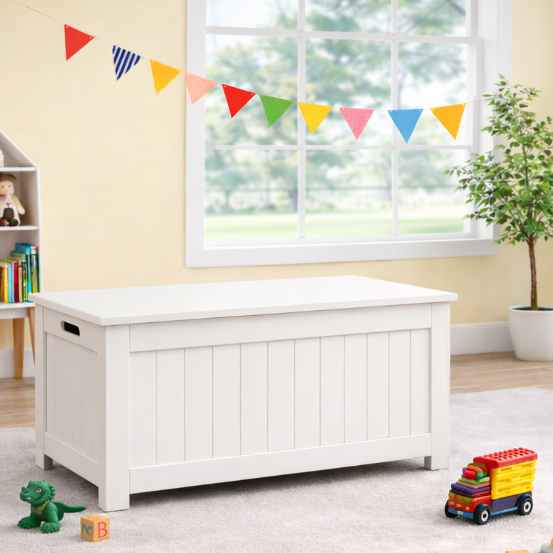 Kids Large Wooden Toy Box No-Slam Lid | Toy Chest | White | 81cm long ...