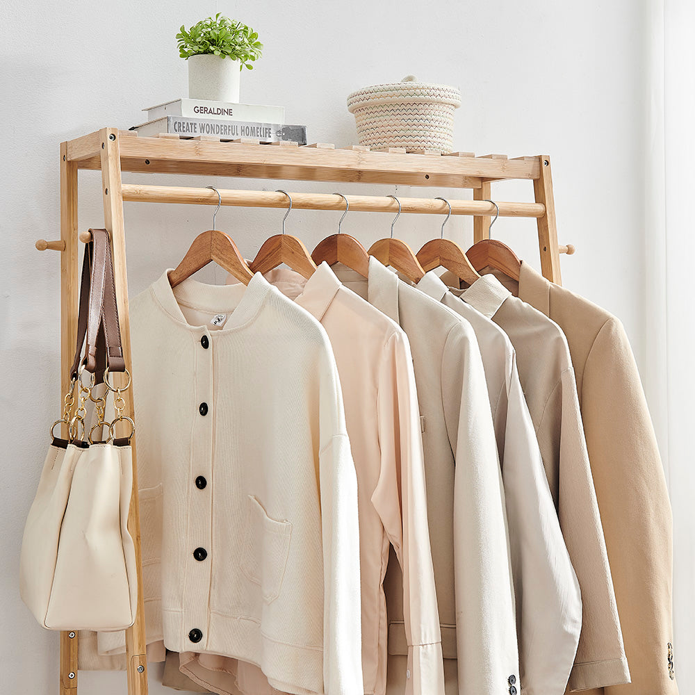 Eco Wooden Bamboo Clothes Rail | Free‑Standing with Shelves & Hooks ...