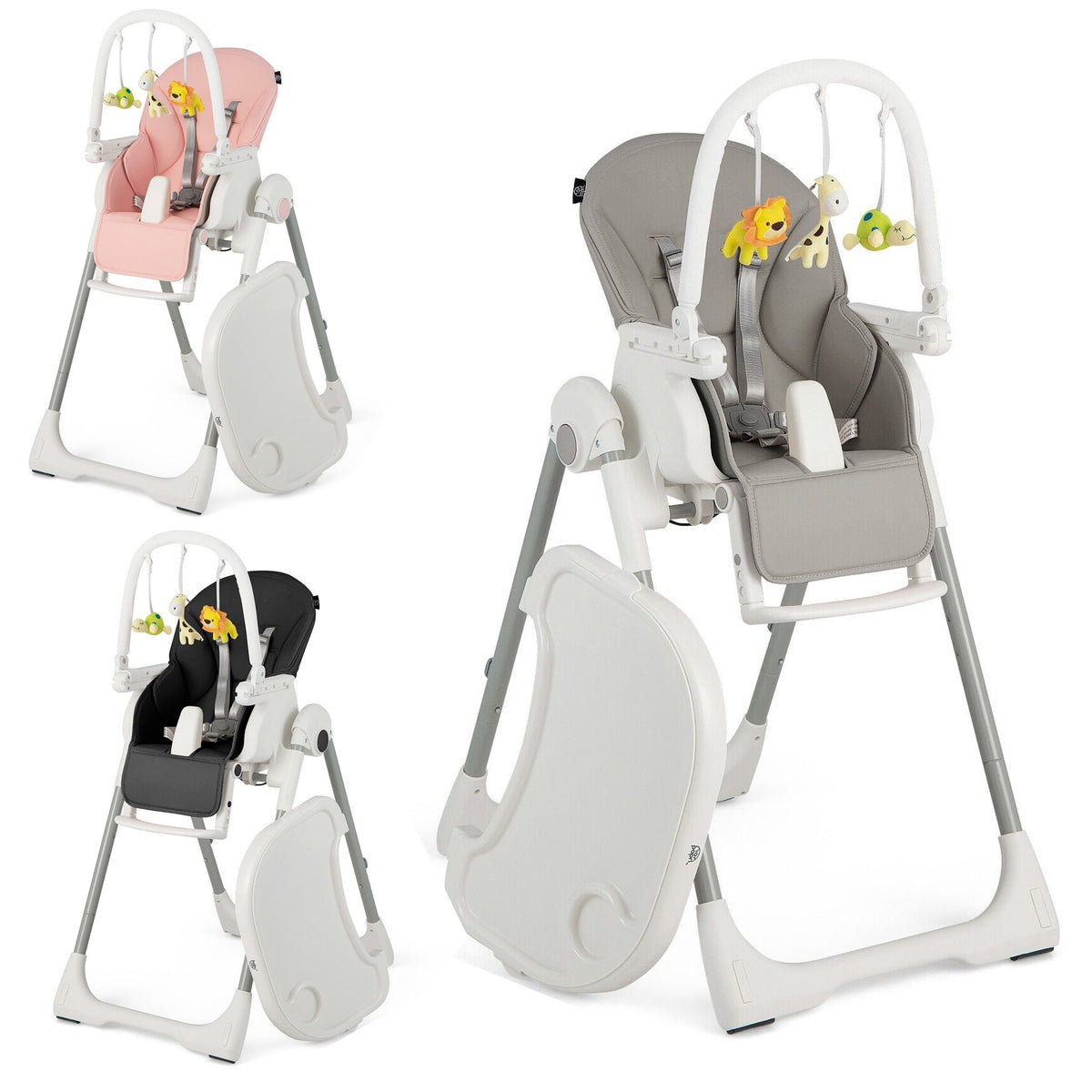 Reclining Folding Height Adjustable High Chair | Toy Bar | Grey | Pink ...