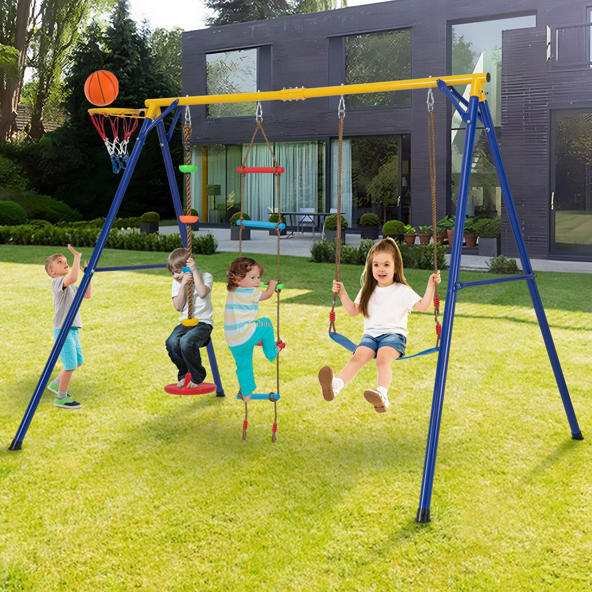 4-in-1 Heavy Duty Swing Set with 1 Basketball Hoop and 1 Adjustable Be ...