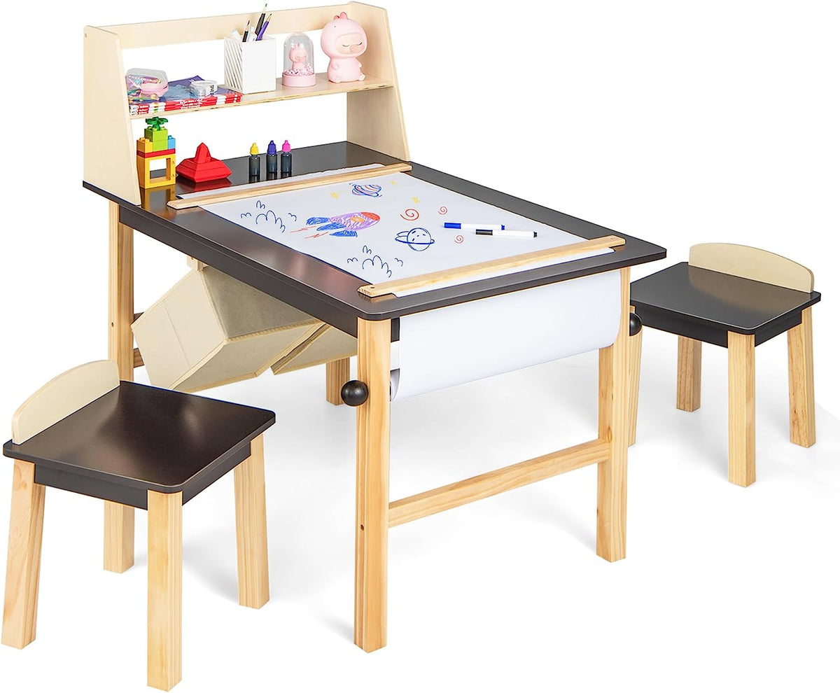 Kids Wooden Art Table and 2 Chairs Set | 2 Storage Bins & Paper Roll ...
