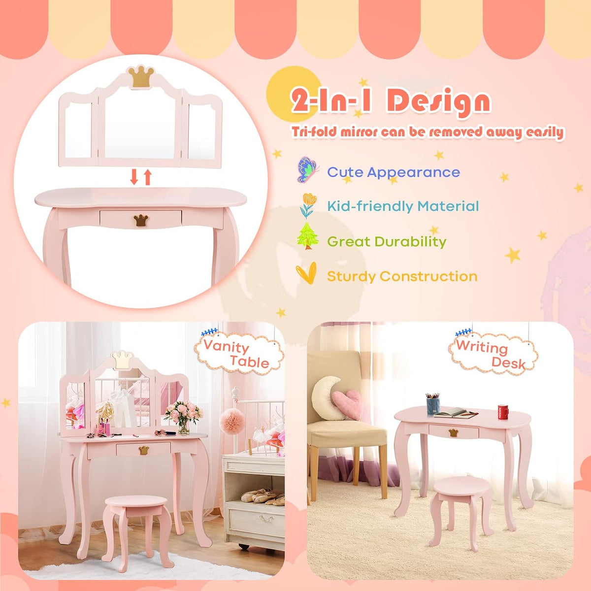 Girls Dressing Table with Mirror and Stool | Vanity Unit with Drawer ...