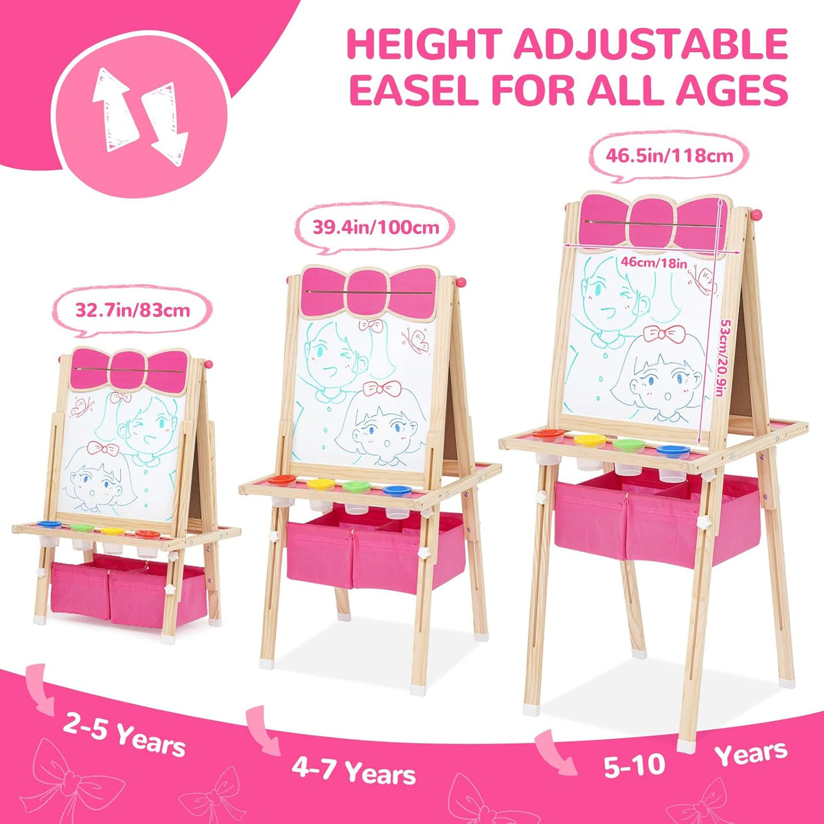 Pink Bow Height Adjustable Double Sided Easel with Art Supplies – www ...