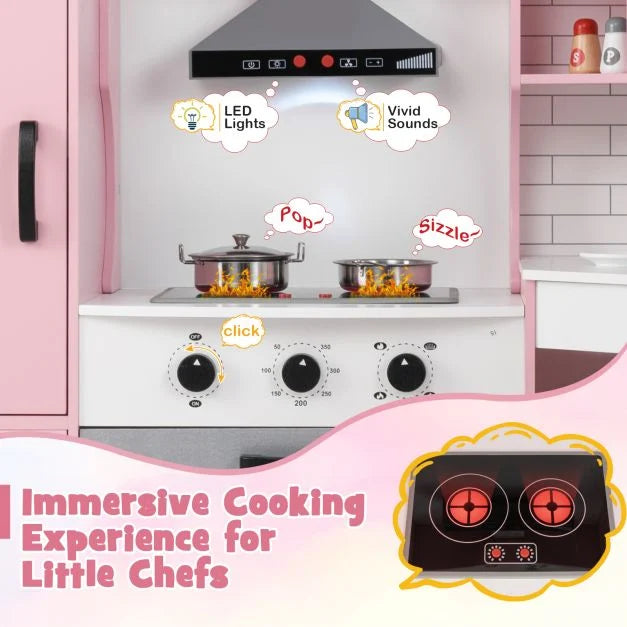 Deluxe Realistic Wooden Corner Toy Kitchen | Lights & Sounds | Pink ...