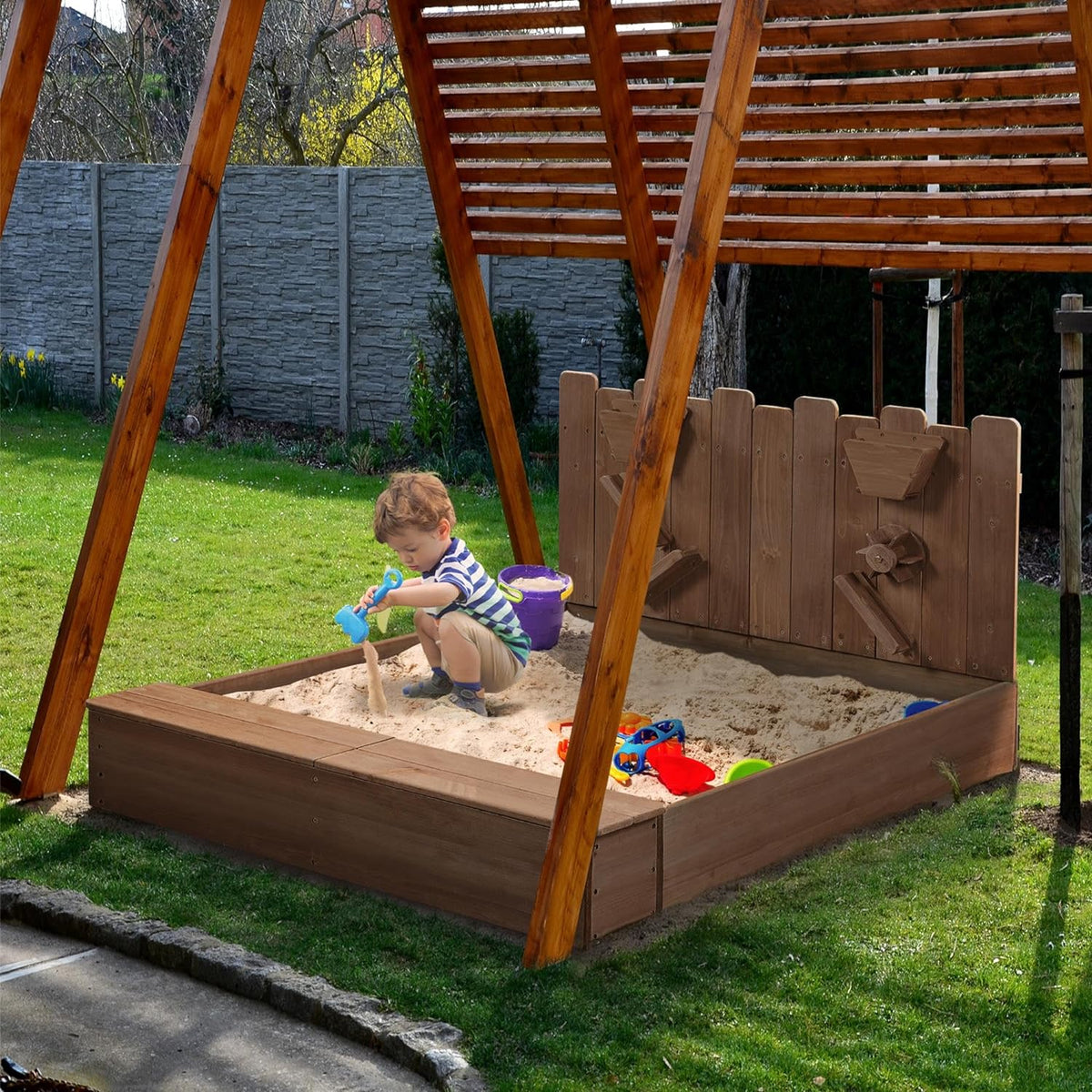 XL Montessori Eco Fir Wooden Sandpit | Sand Wall Water Wall | 3-8 Yrs ...