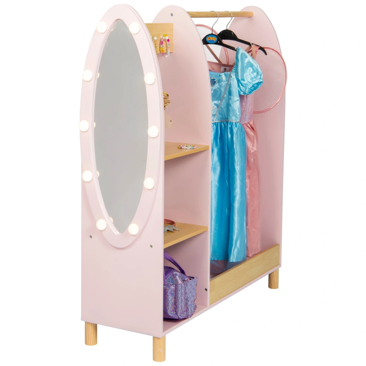 Deluxe Montessori Dress Up Rail | LED Mirror & Storage | 1.09m | Pink ...