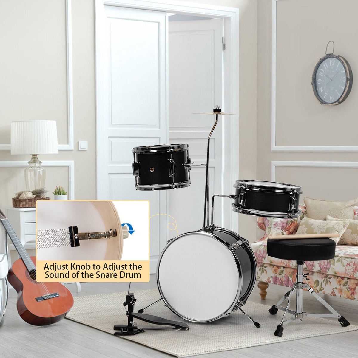 3 Piece Drum Set | Junior Kids Drum Kit | Sticks & Adjustable Stool ...