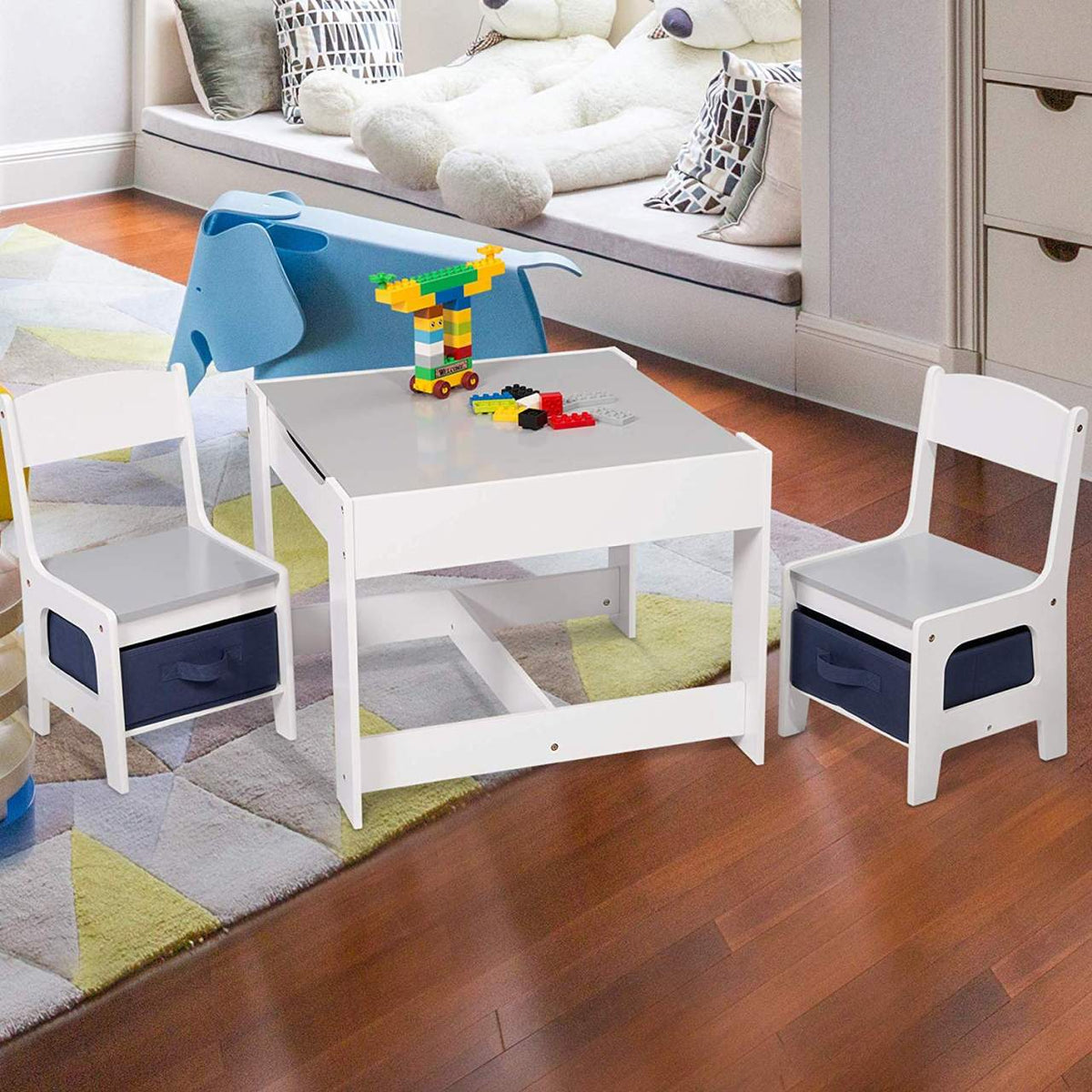 Kid's 3-in-1 White Wooden Table & 2 Chairs with Blackboard & Storage ...