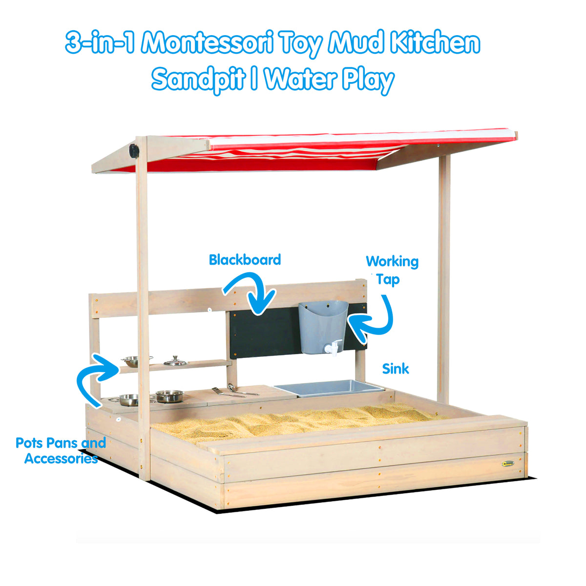 3-in-1 Montessori Eco Wood Sandpit Mud Kitchen Water Play | Canopy 3-8 ...