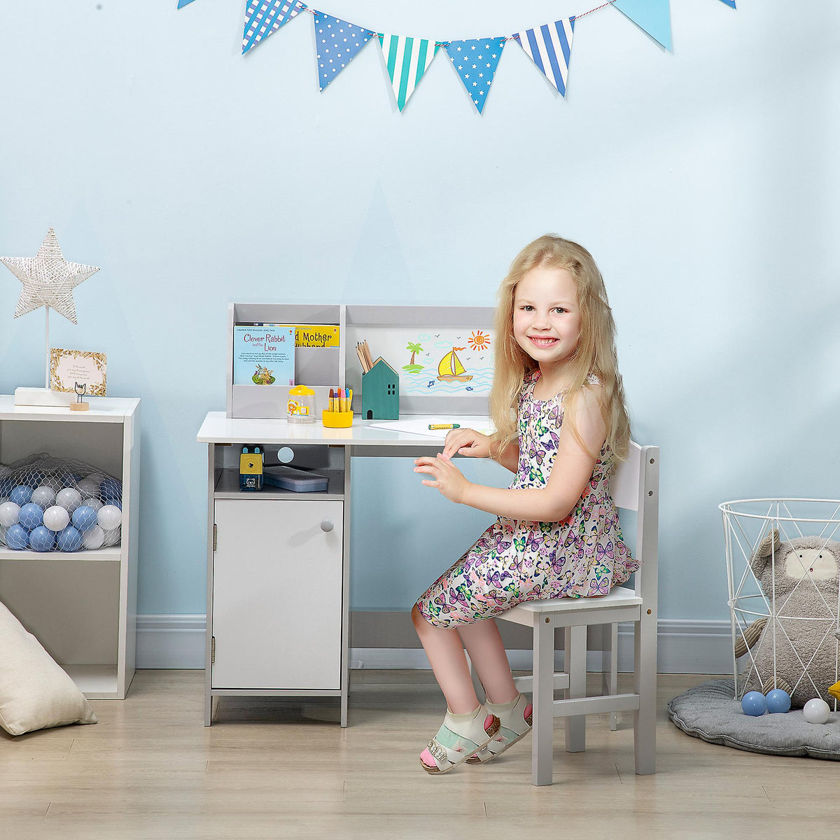 Montessori Homework Desk | Storage & Chair | White & Grey | 5-8 Years ...