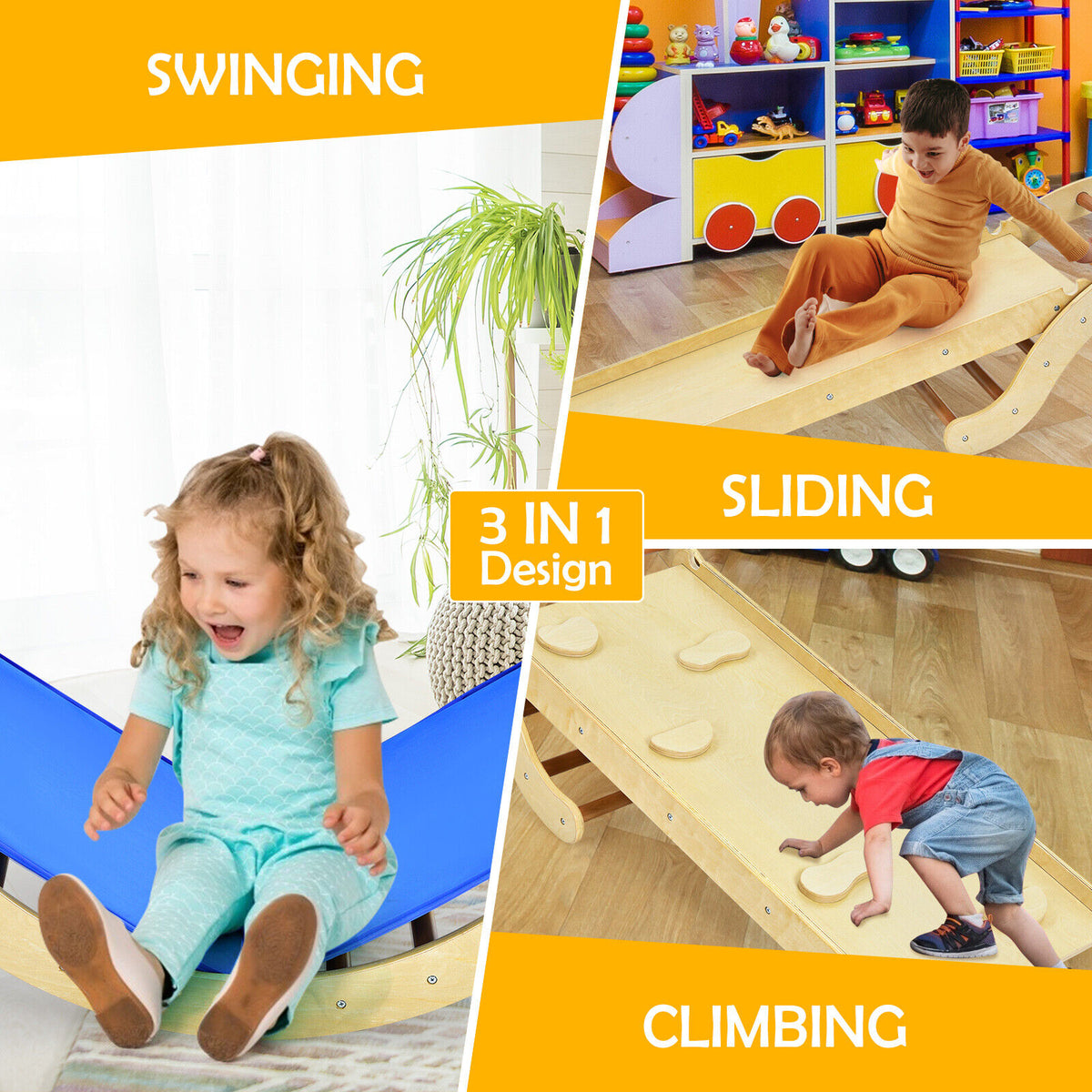 4-in-1 Kids Eco Wood Pikler klimboog, schommelstoel, glijbaan en ...