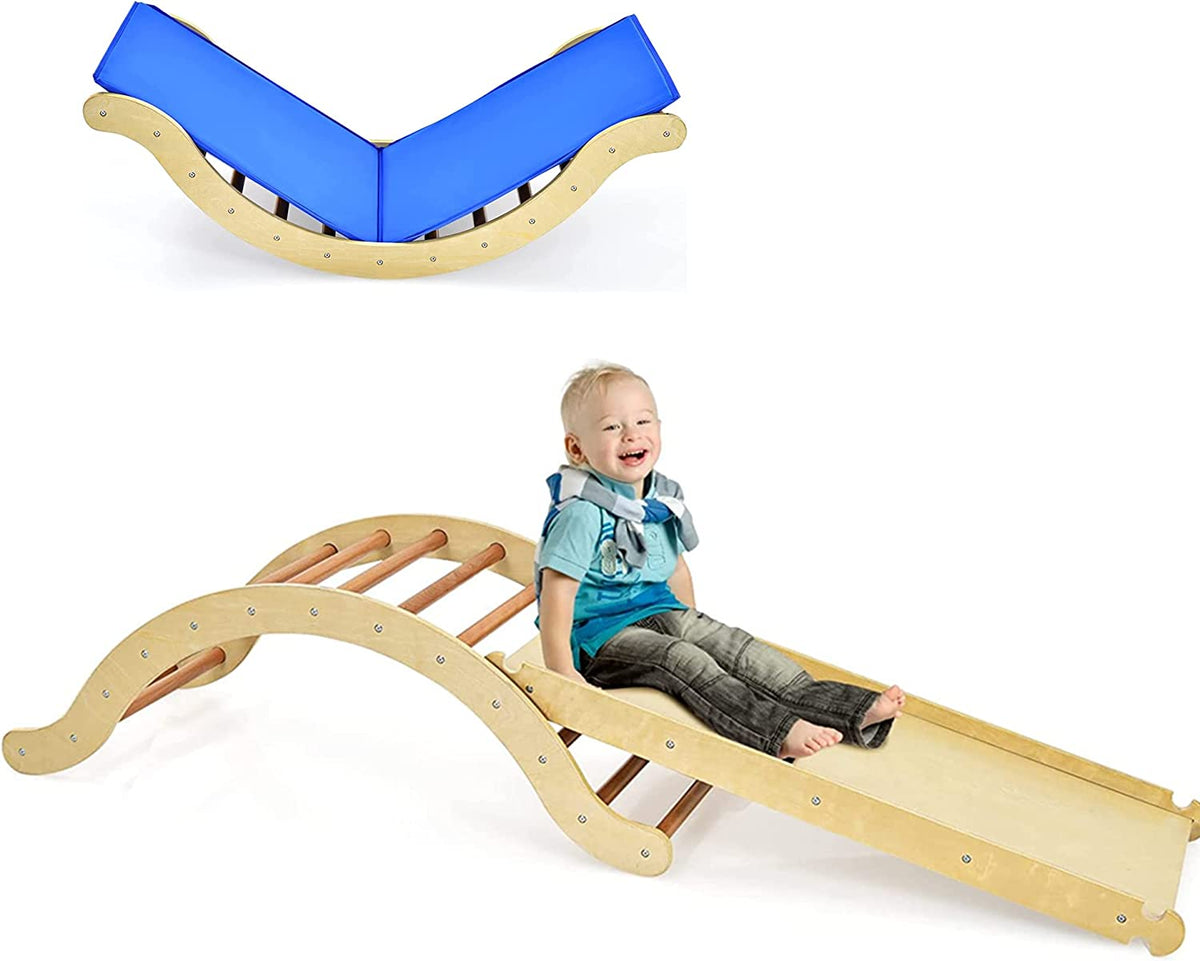 4-in-1 Kids Eco Wood Pikler klimboog, schommelstoel, glijbaan en ...